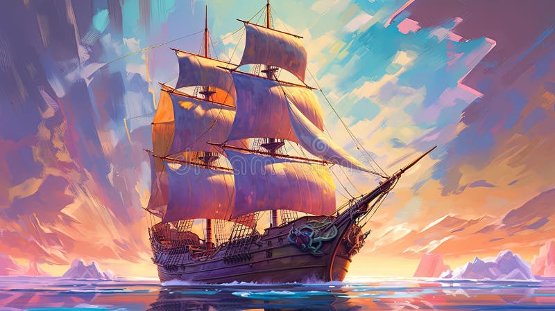 Epic Colorful Sailing Ship Illustration Stock Illustration ...