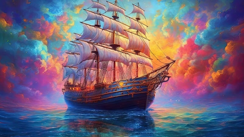 Epic Colorful Sailing Ship Illustration Stock Illustration ...