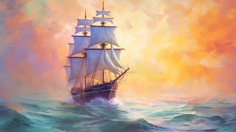 Epic Colorful Sailing Ship Illustration Stock Illustration ...