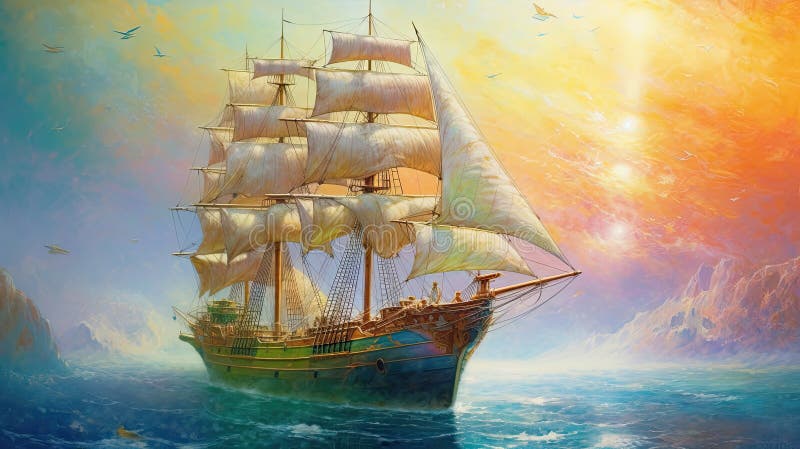 Epic Colorful Sailing Ship Illustration Stock Illustration ...