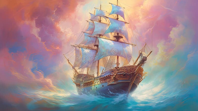 Epic Colorful Sailing Ship Illustration Stock Illustration ...