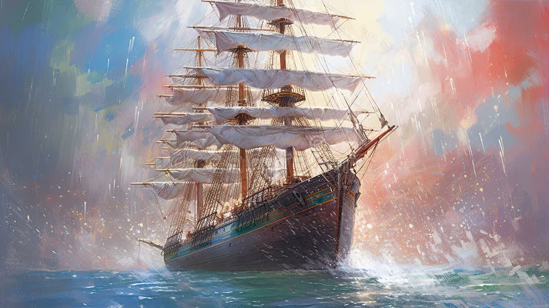Epic Colorful Sailing Ship Illustration Stock Illustration ...