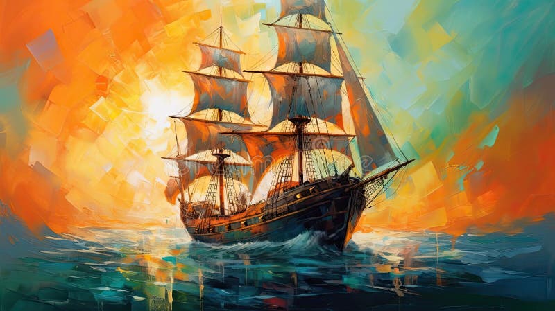 Epic Colorful Sailing Ship Illustration Stock Illustration ...