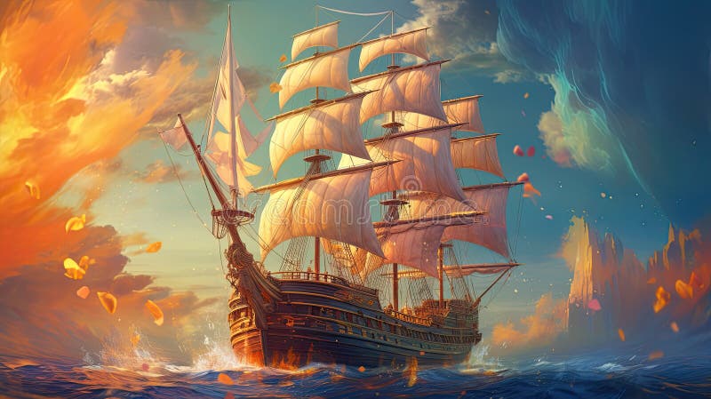 Epic Colorful Sailing Ship Illustration Stock Illustration ...