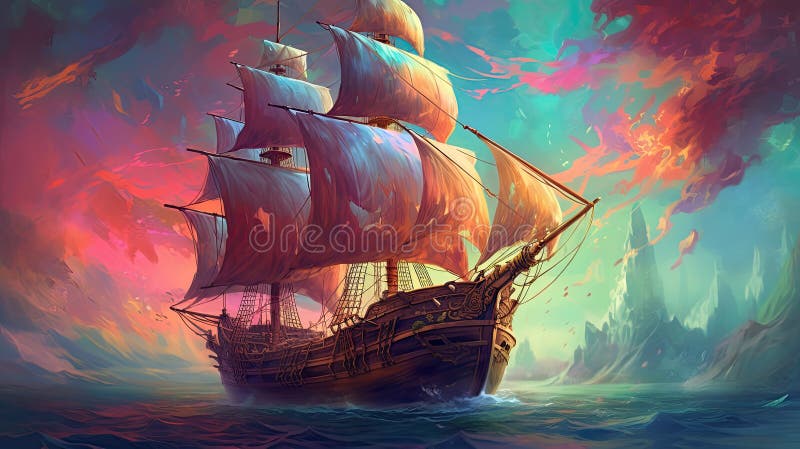 Epic Colorful Sailing Ship Illustration Stock Illustration ...