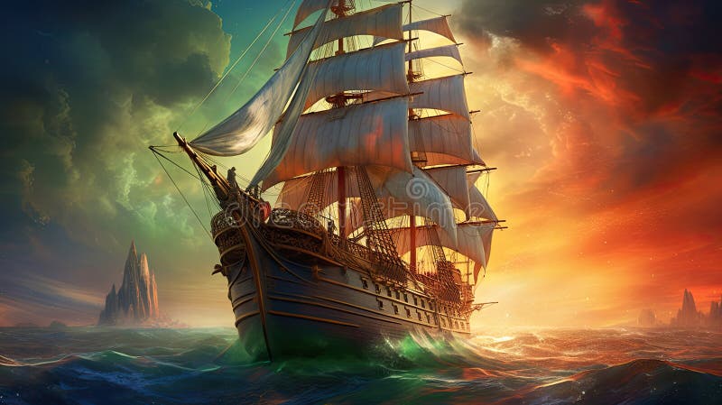 Epic Colorful Sailing Ship Illustration Stock Illustration ...