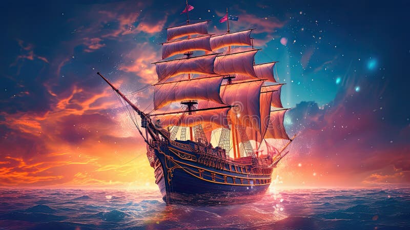 Epic Colorful Sailing Ship Illustration Stock Illustration ...