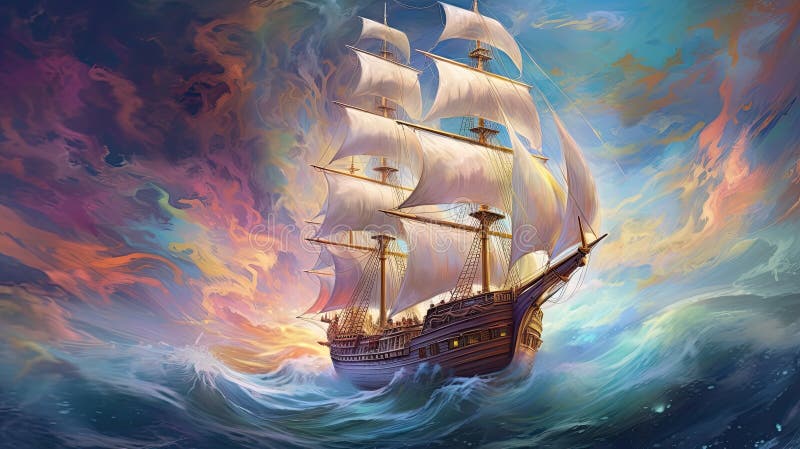 Epic Colorful Sailing Ship Illustration Stock Illustration ...