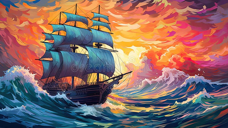 Epic Colorful Sailing Ship Illustration Stock Illustration ...