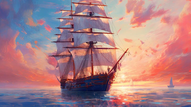 Epic Colorful Sailing Ship Illustration Stock Illustration ...