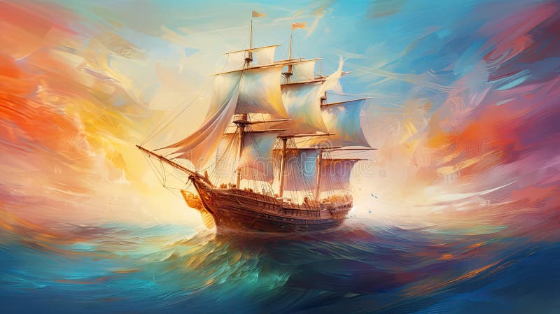 Epic Colorful Sailing Ship Illustration Stock Illustration ...