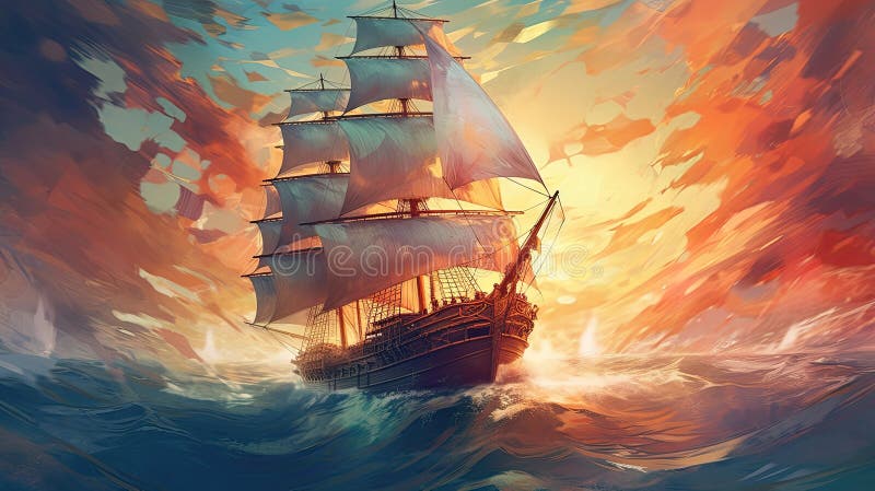 Epic Colorful Sailing Ship Illustration Stock Illustration ...