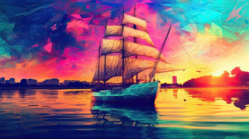 Epic Colorful Sailing Ship Illustration Stock Illustration ...
