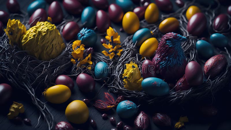 Epic Composition of Colourful Easter Eggs in Nest with Bird on Dark ...