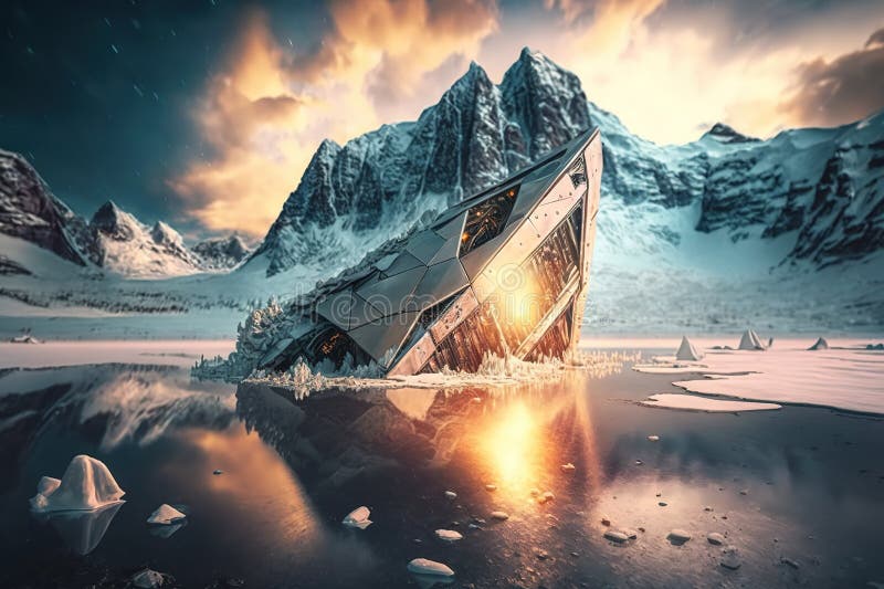 Epic Crashed Spaceship Sticking Out of Glacial Landscape Stock ...