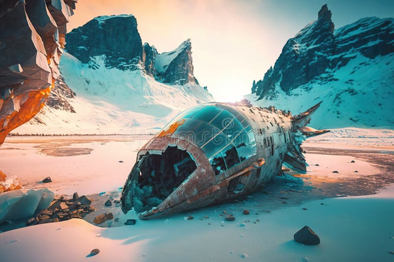 Epic Crashed Spaceship Sticking Out of Glacial Landscape Stock ...