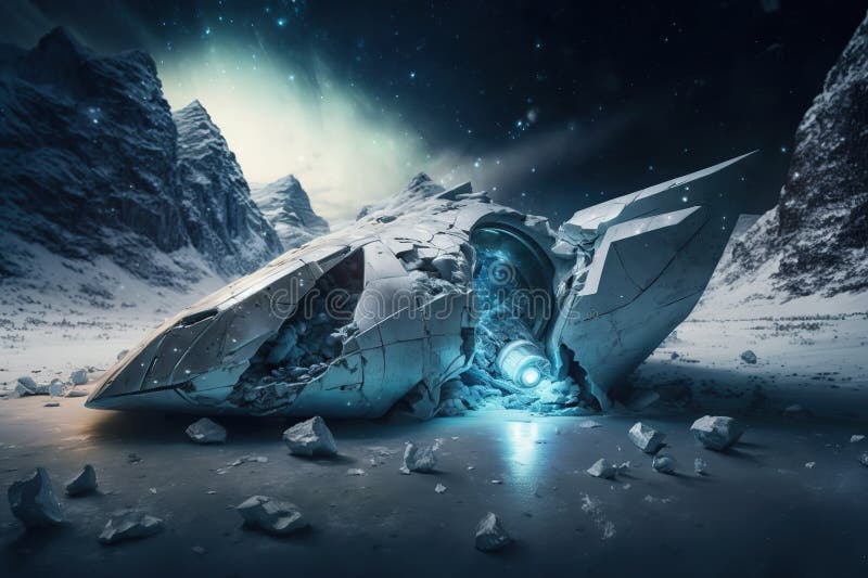 Epic Crashed Spaceship Sticking Out of Glacial Landscape Stock ...