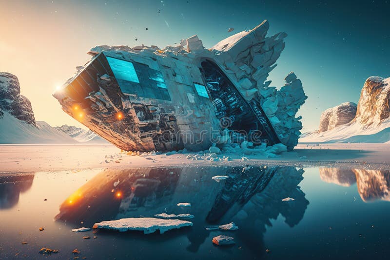 Epic Crashed Spaceship Sticking Out of Glacial Landscape Stock ...