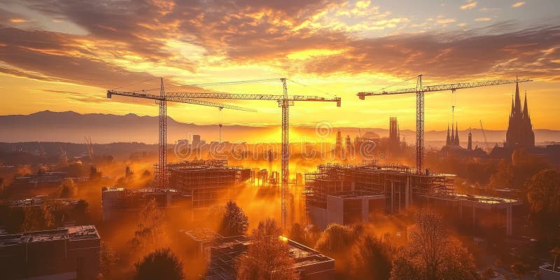 Epic Dawn Over Construction Site Urban Development with Cranes and ...