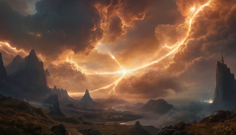 Cosmic Lightning Over Alien Landscape Stock Illustration - Illustration ...