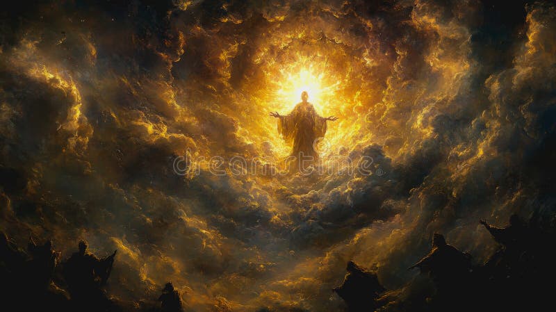 Epic Divine Figure Emerging from Light, Surrounded by Clouds and ...
