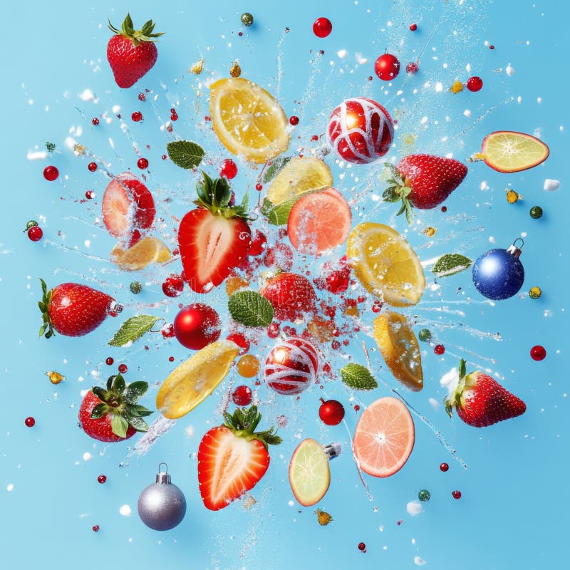 Epic Explosion of Fruit Slices, Christmas Ornaments, and Flying Juice ...