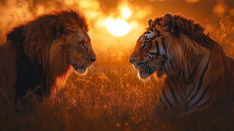 Epic Face-off: Majestic Lion and Powerful Tiger at Sunset Stock Image ...
