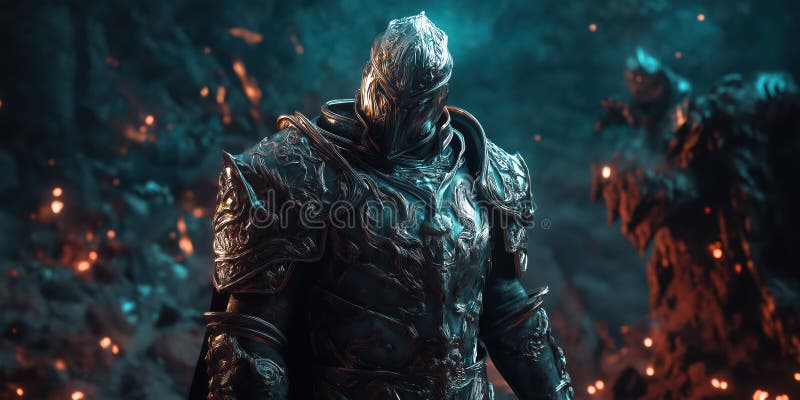 Epic Fantasy Armored Knight in a Mystical Fiery Cavern Setting Stock ...