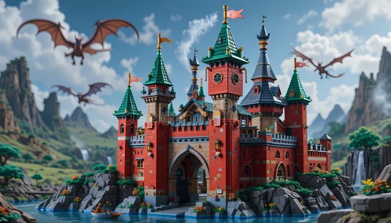 Epic Fantasy Castle Scene with Flying Dragons Stock Illustration ...