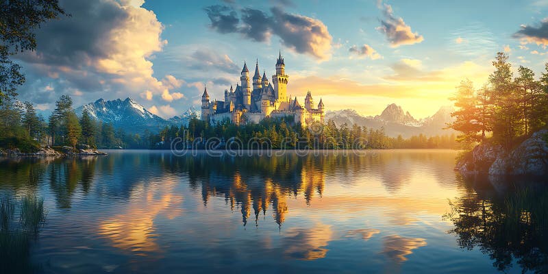 Epic Fantasy Lake Castle Sunset 4K Wallpaper Stock Illustration ...