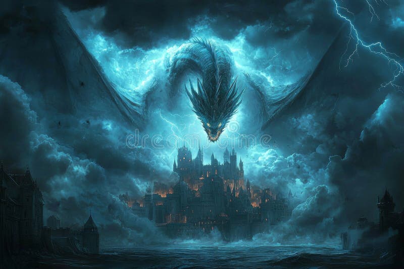 Epic Fantasy Scene of a Dragon Flying through Lightning and Thunder ...