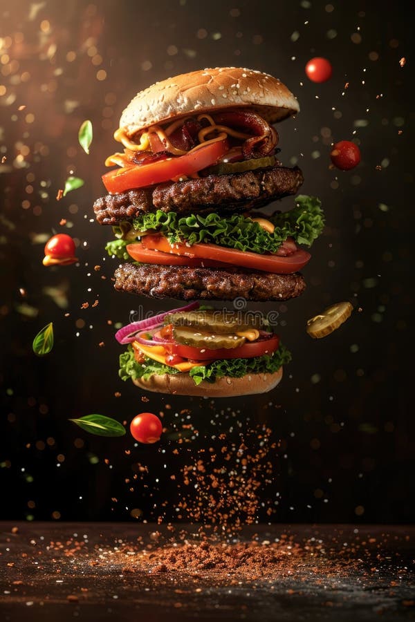 Epic Floating Burgers with Fresh Ingredients and Vegetables Stock Photo ...