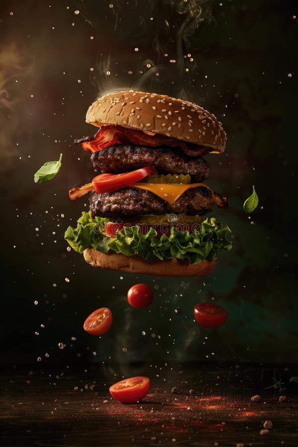 Epic Floating Burgers with Fresh Ingredients and Vegetables Stock Photo ...