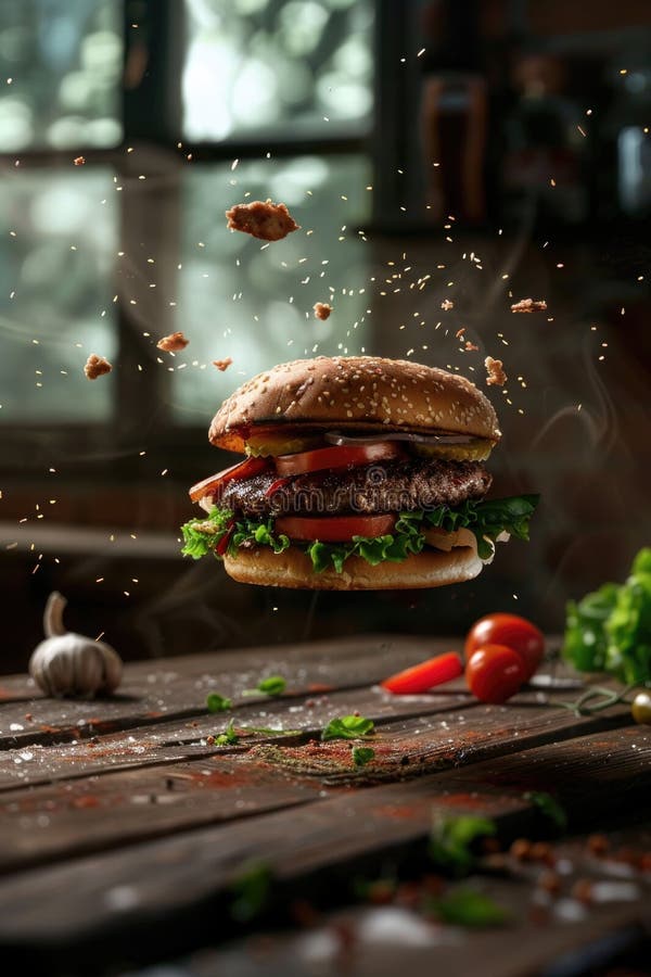 Epic Floating Burgers with Fresh Ingredients and Vegetables Stock Image ...