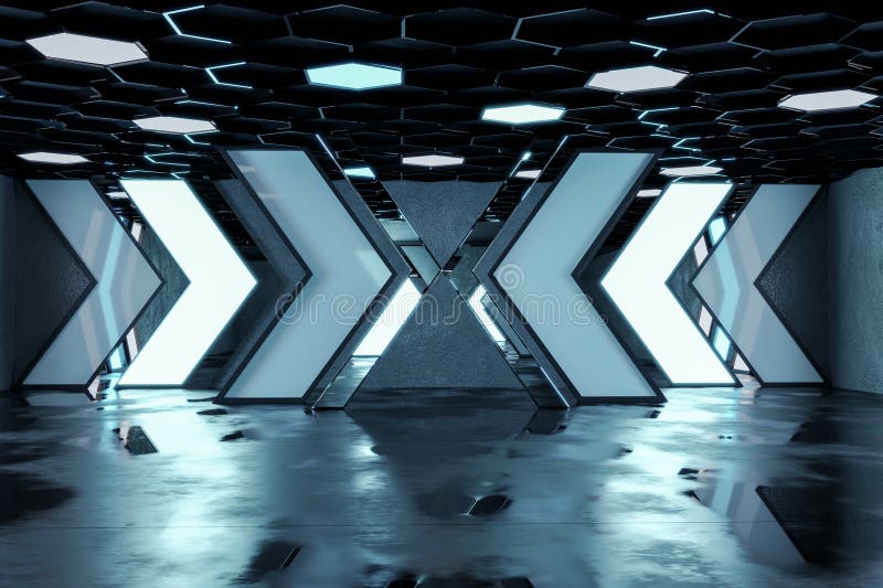 Epic Hall with Neon Direction Elements and Hexagonal Ceiling Stock ...