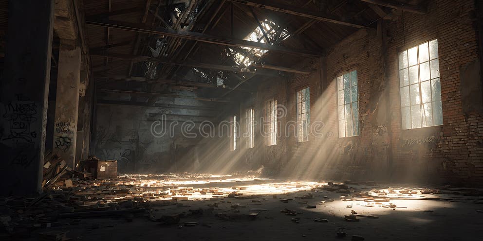 Epic Light Beams in Desolate Hall Dramatic Architectural Visual Stock ...