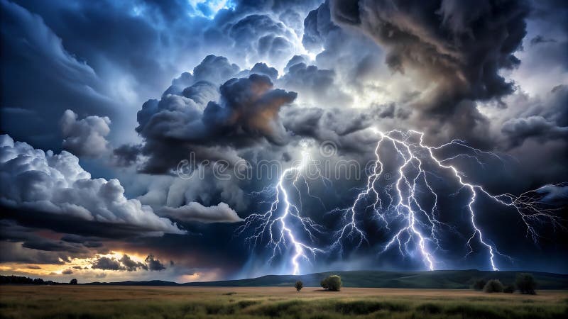 Epic Lightning Strike Over Dramatic Landscape Stock Illustration ...