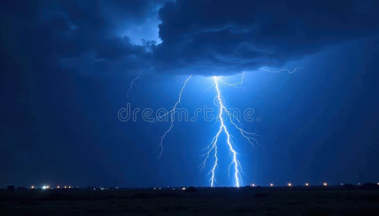 Epic Lightning Strikes, Glowing Blue Rays on Black Void , Storm, Night ...