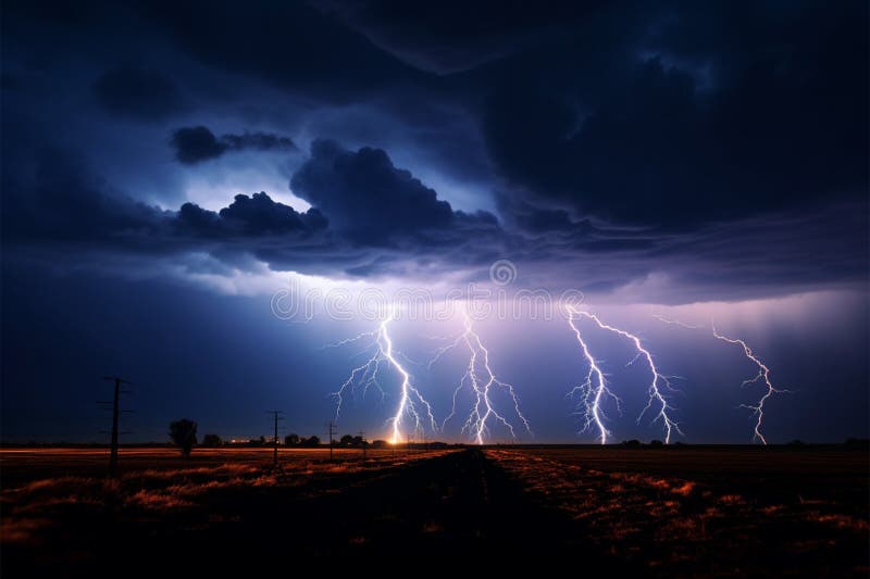 Epic Lightning Strikes at Twilight, Casting Open Plain in Shadows Stock ...