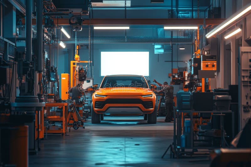 Epic Modern Car Workshop with Orange Suvs and Cinematic Lighting ...
