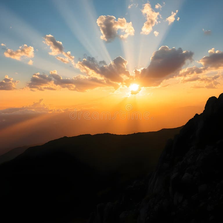 Epic Mountain Panorama with Glowing Sun Rays and Cloud Shadows Stock Illustration - Illustration ...