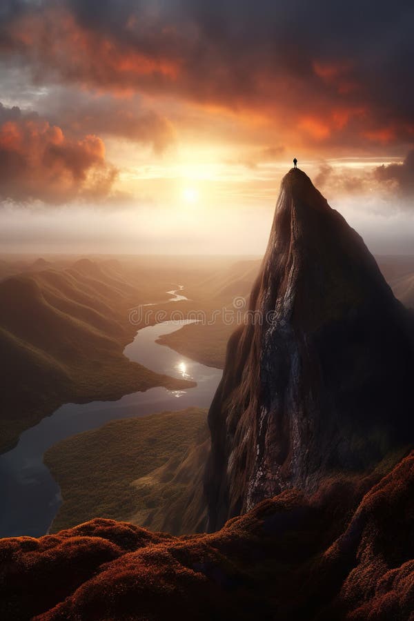 Epic Mountain Peak Summit with Cloudy Sunset Stock Illustration ...