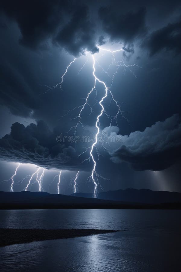 Epic Night Storm with Multiple Lightning Strikes Over the Water Stock ...