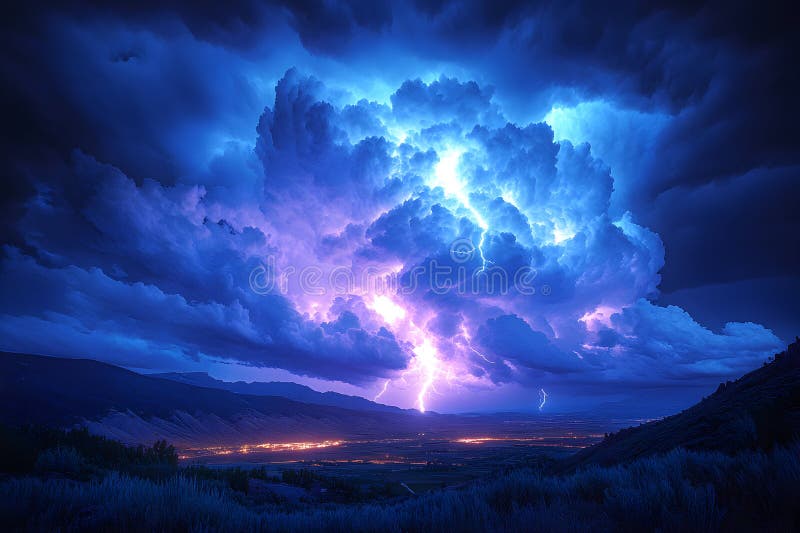 Epic Night Thunderstorm Dramatic Lightning Storm Cloudscape Over Valley ...