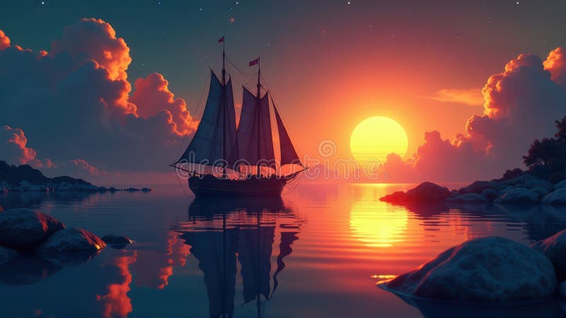 Epic Ocean Adventure: Sailing Ship in Golden Light Stock Illustration ...