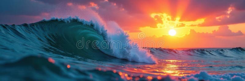 Epic Ocean Wave Curls Under a Breathtaking Sunset Sky , Illustration ...