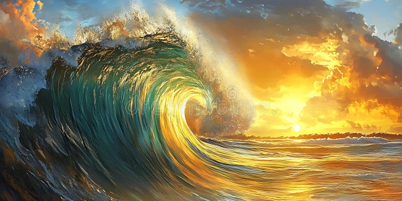 Epic Ocean Wave and Fiery Sunset: Dramatic Fantasy Art Stock Illustration - Illustration of ...