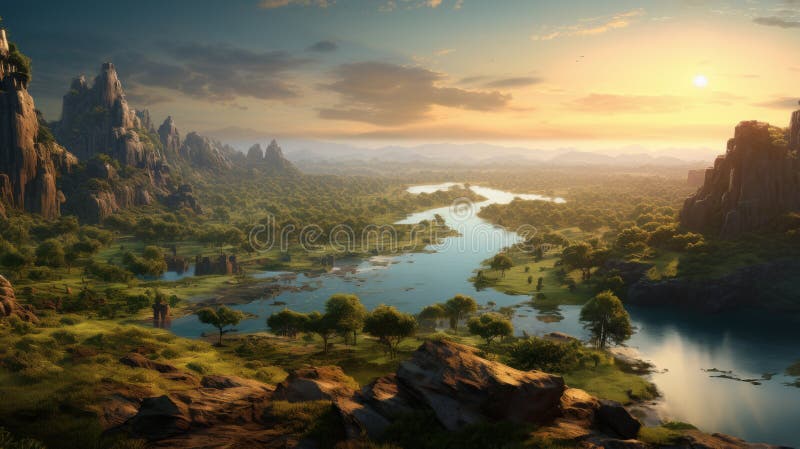 Epic Open Range Landscape with Mountain and River Stock Illustration ...