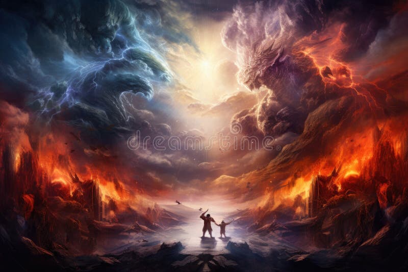 Epic Plot of the Battle of the Gods on an Abstract Background Stock ...