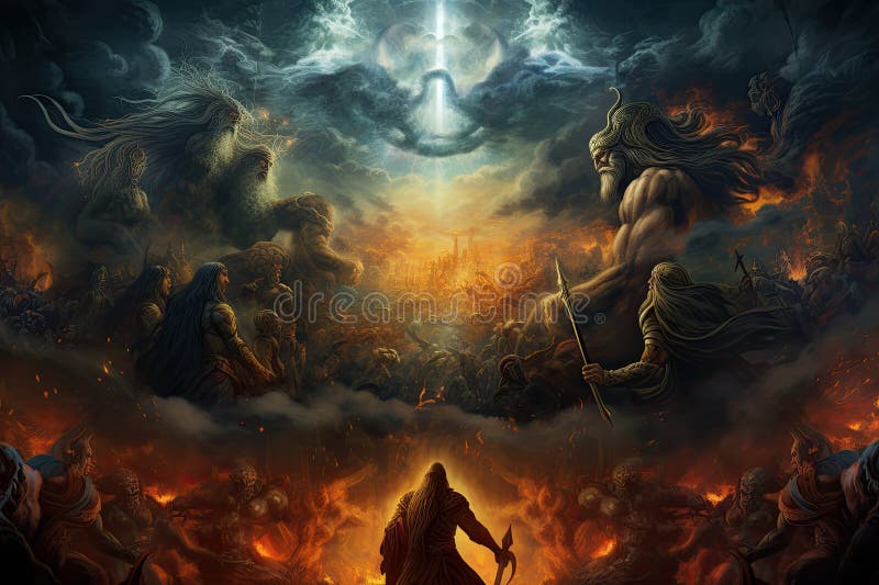 Epic Plot of the Battle of the Gods on an Abstract Background Stock ...
